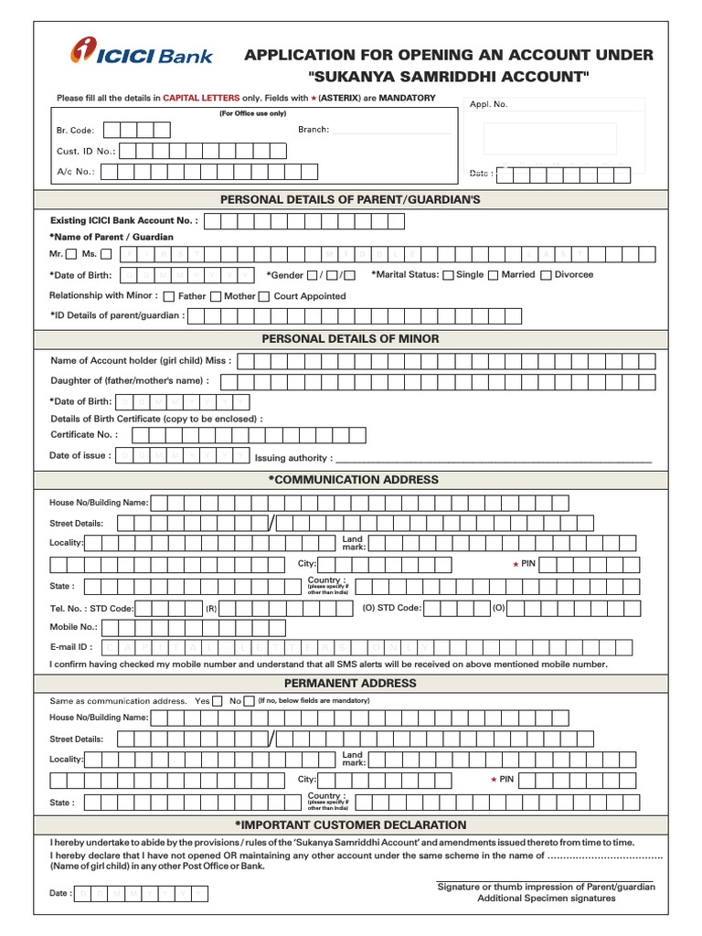 SSY Account Opening Application Form | PDF | Cheque | Deposit Account