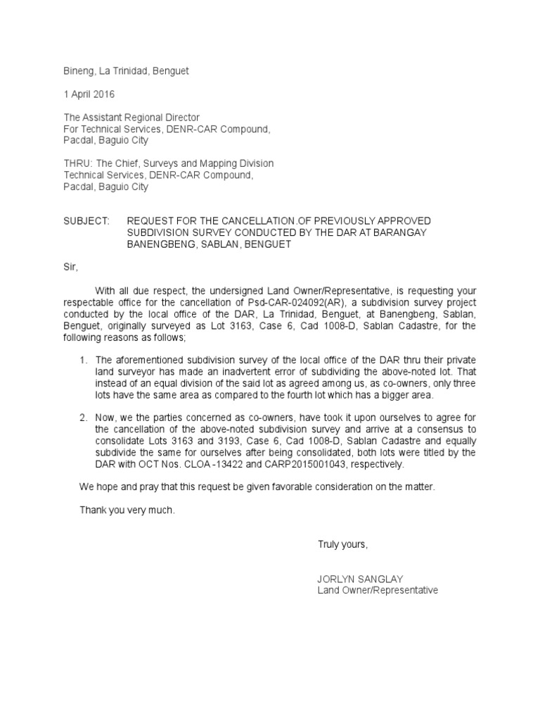 Letter Request For Cancellation of Dar Survey | PDF