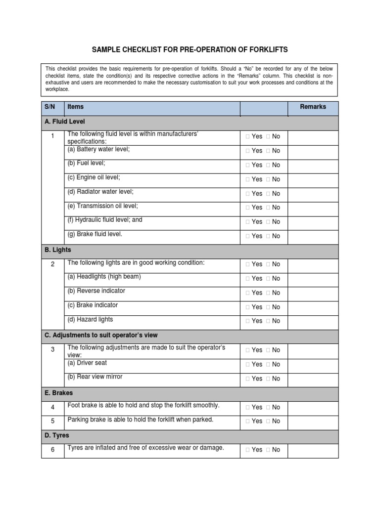 9 Forklift Pre-Operational Checklist | PDF
