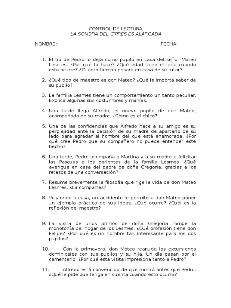 CONTROL DE LECTURA La Sombra Del Ciprés | PDF | Agitación