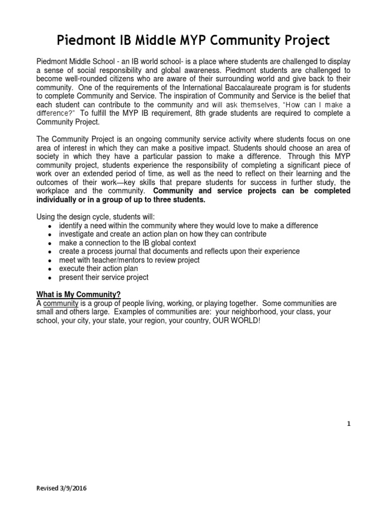 Piedmont IB MYP Community Project Guide | PDF | Community | Cognition