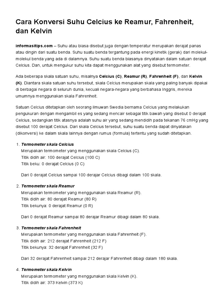 Cara Konversi Suhu Celcius Ke Reamur, Fahrenheit, Dan Kelvin | PDF