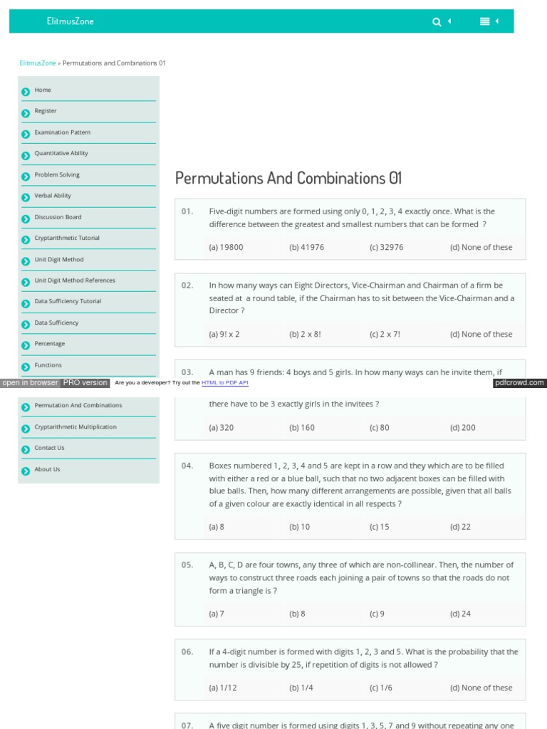 Permutations & Combinations Quiz | PDF | Permutation | Html