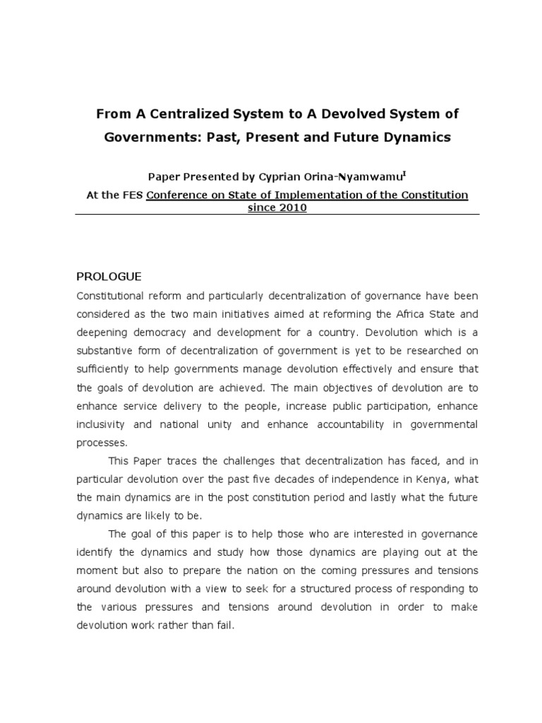 From A Centralized System To A Devolved System of Governments - Cyprian Orina-Nyamwamu | PDF ...