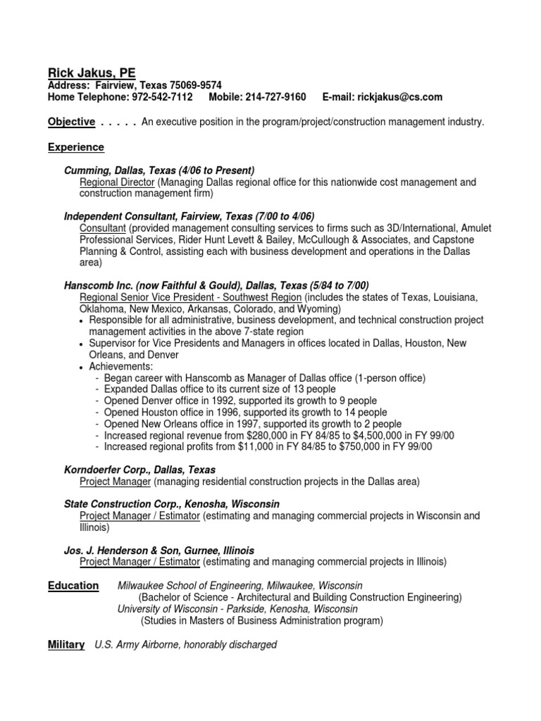 VP Construction Project Manager in Dallas Ft Worth TX Resume Rick Jakus ...