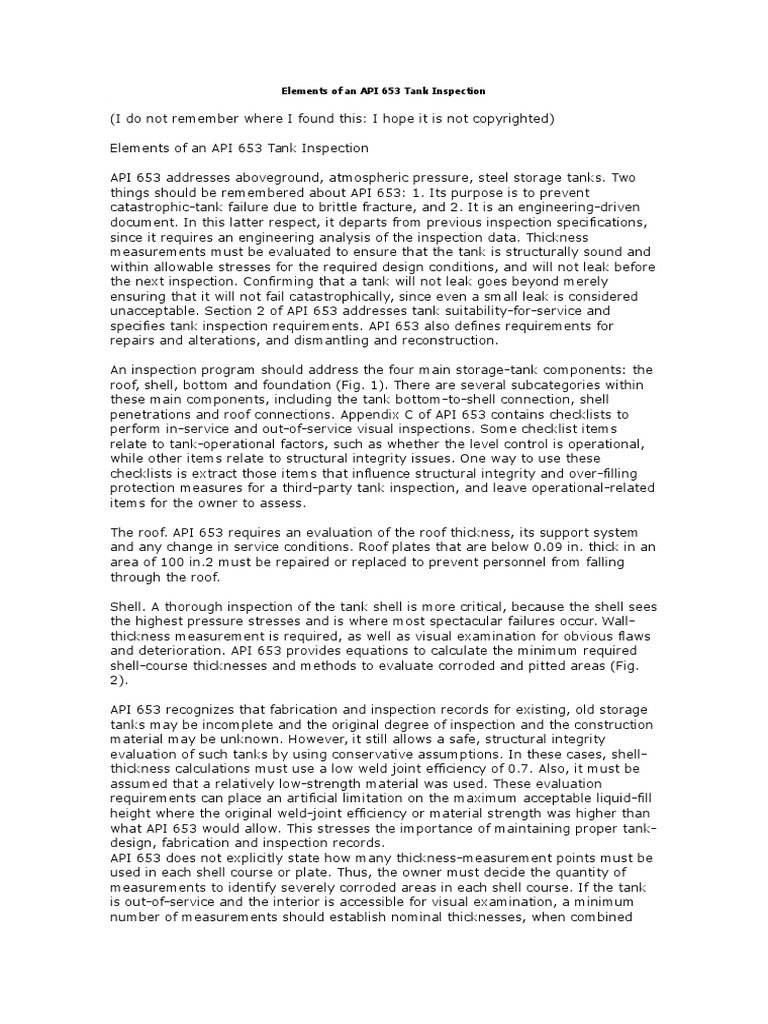 Elements of An API 653 Tank Inspection | PDF | Corrosion | Welding