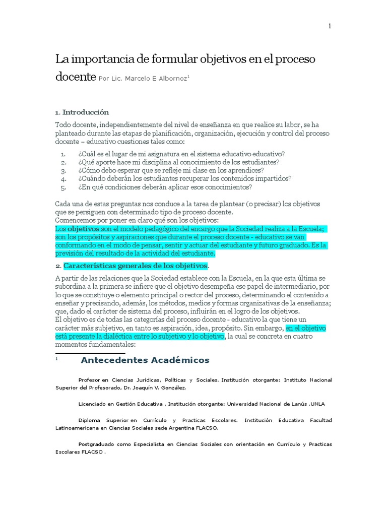 Albornoz - La Importancia de Formular Objetivos en El Proceso Docente ...