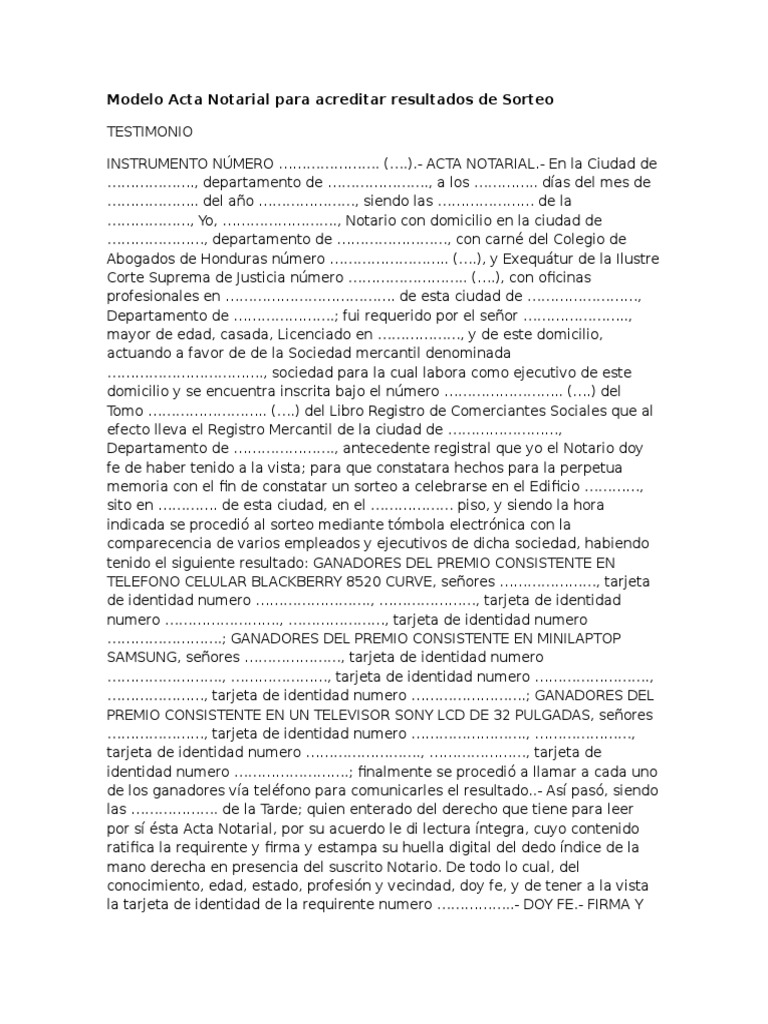 Modelo Acta Notarial para Acreditar Resultados de Sorteo | PDF