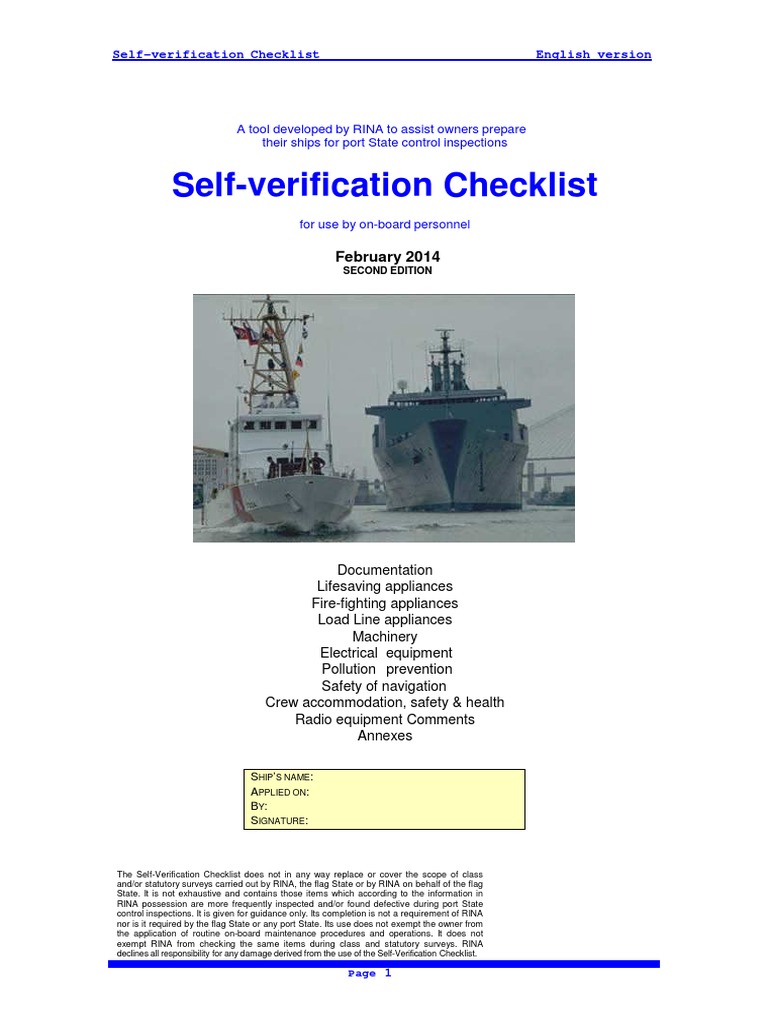 PSC RINA PSC Self-Verification Checklist | PDF | Valve | Pump