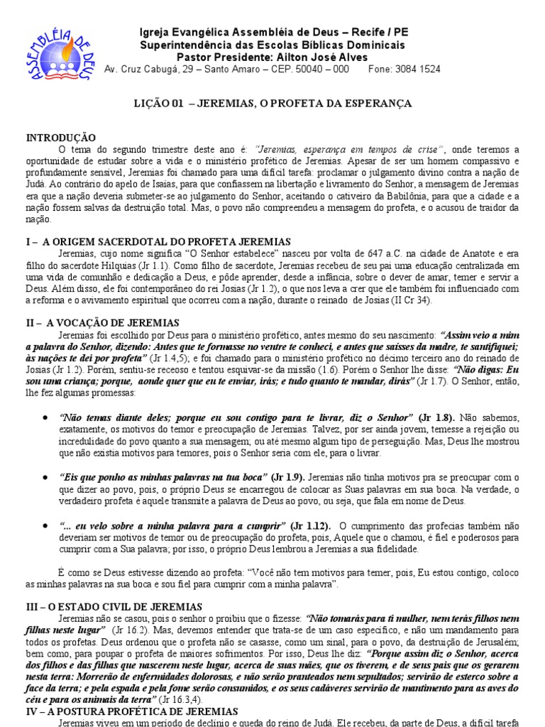 LICAO 01 - Jeremias, o Profeta Da Esperanca | PDF | Jeremias | Profeta