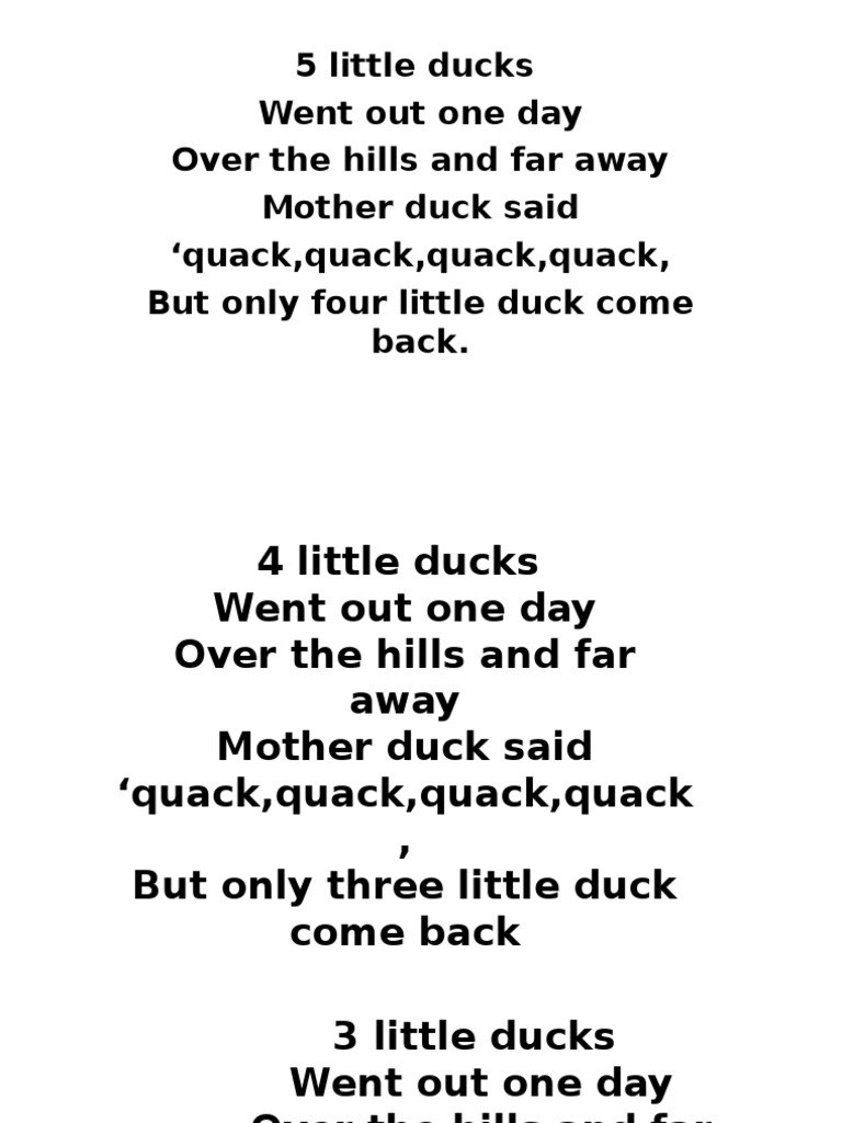 5 Little Ducks Went Out One Day Over The Hills and Far Away Mother Duck ...