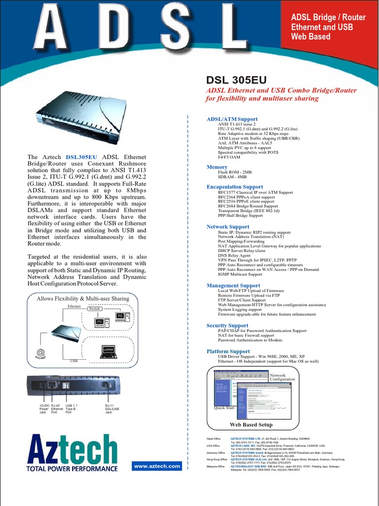 Aztech DSL305EU ADSL Ethernet USB Combo Router Product Brochure ...