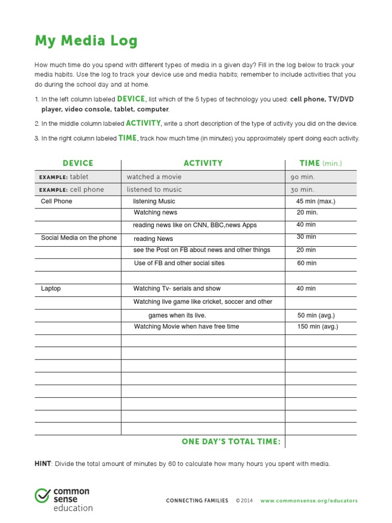 My Media Log: Device Activity Time | PDF | Games & Activities