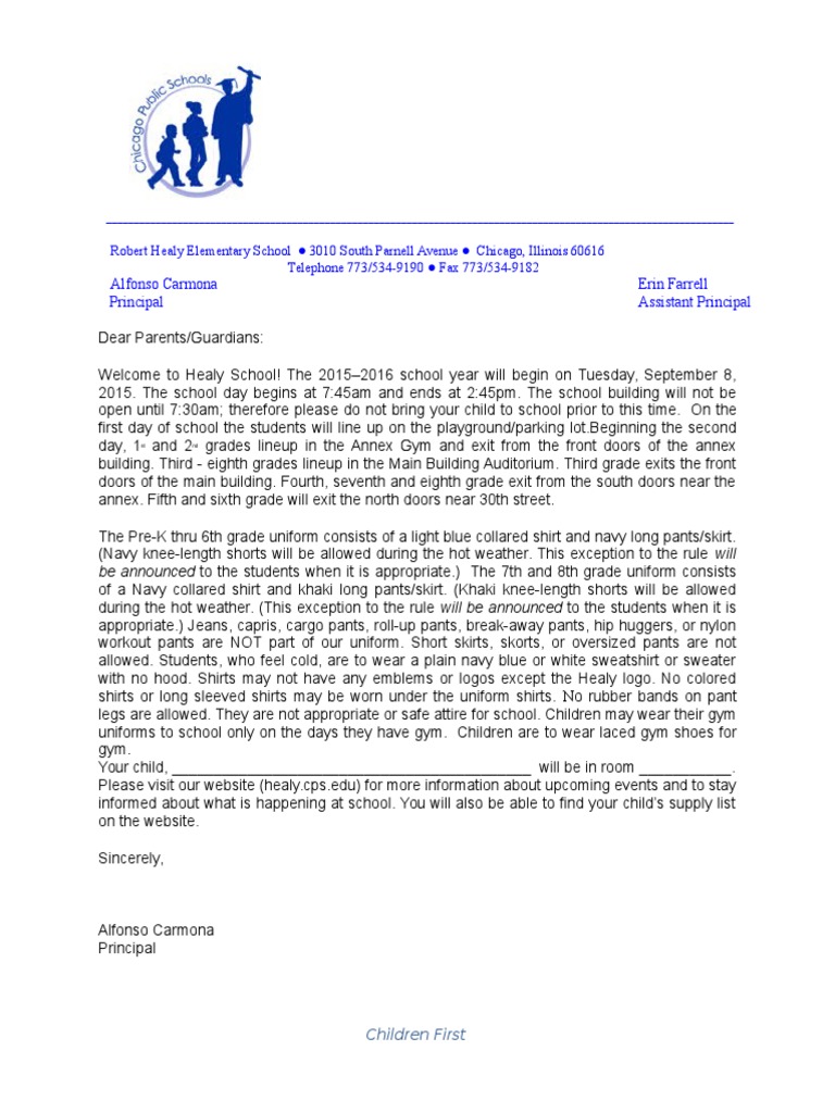 Welcome Letter for Healy School 2015-16 | PDF | Wellness
