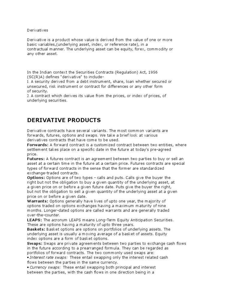 Derivative Products | PDF | Option (Finance) | Futures Contract
