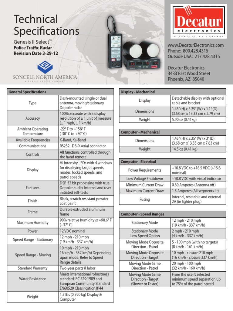 Technical Specifications of the Genesis II Select Police Traffic Radar ...