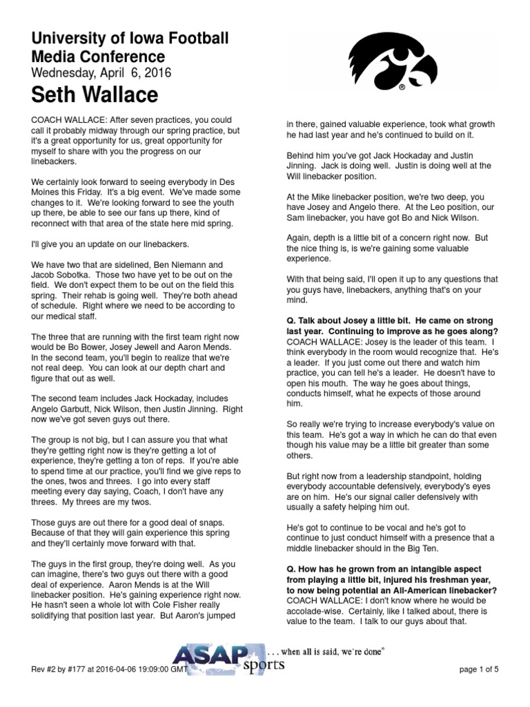 Seth Wallace: University of Iowa Football Media Conference | PDF ...