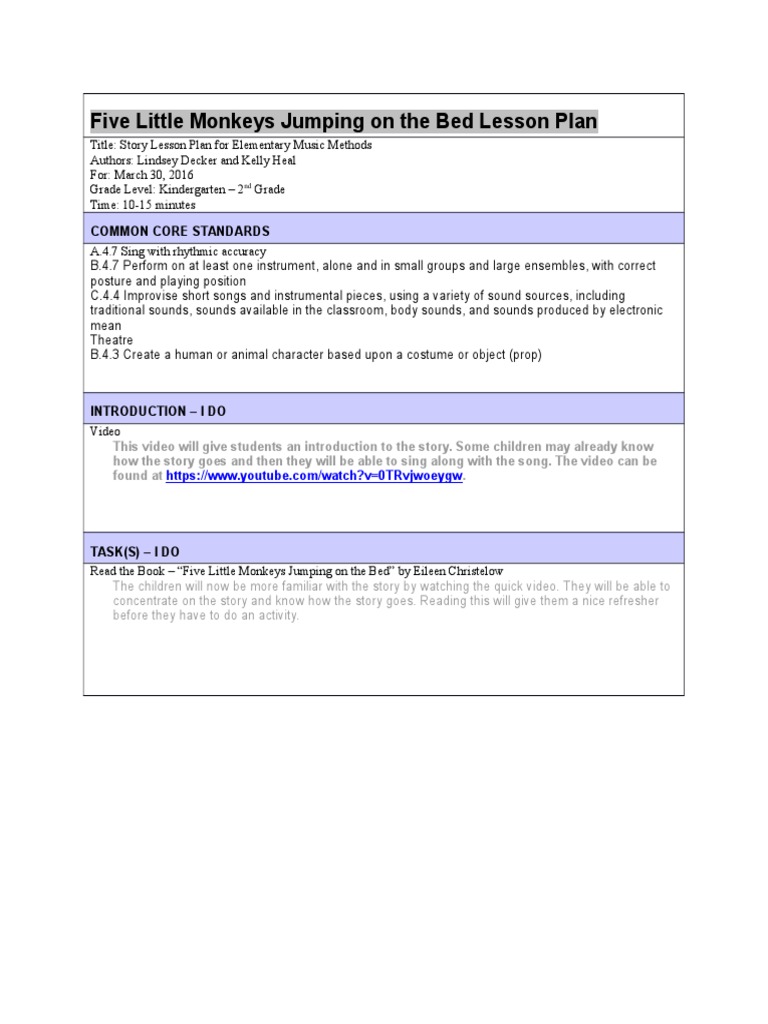 5 Little Monkeys Lesson Plan | PDF | Lesson Plan | Singing