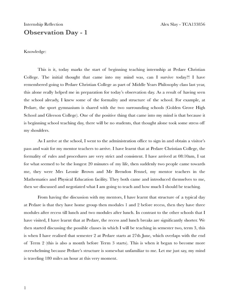 Internship Observation Day 1 Reflection | PDF | Academic Term | Teachers