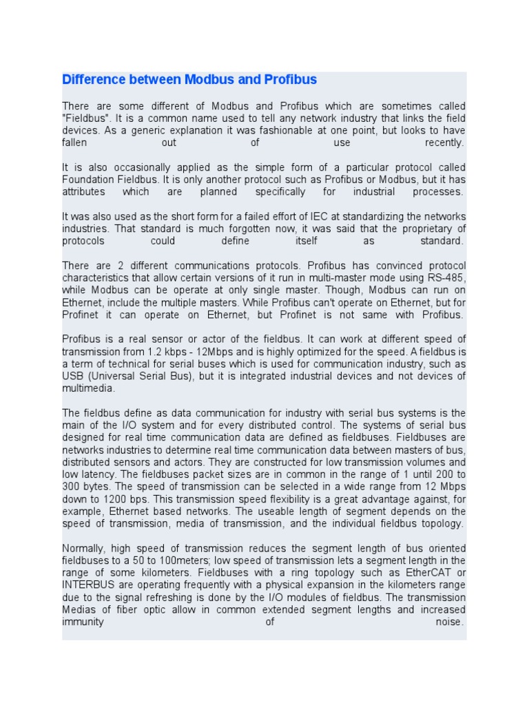 Difference Between Modbus and Profibus | PDF | Ethernet | Internet ...