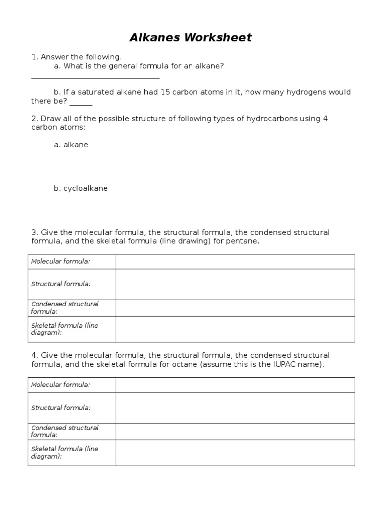Alkanes Worksheet: Molecular Formula | PDF | Technology & Engineering