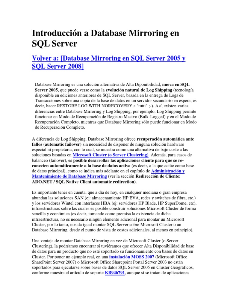 Introducción A Database Mirroring en SQL Server | PDF | Apoyo | Servidor SQL de Microsoft