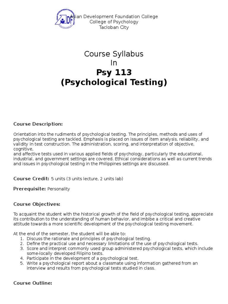 Psychological Testing Syllabus | PDF | Psychological Testing ...