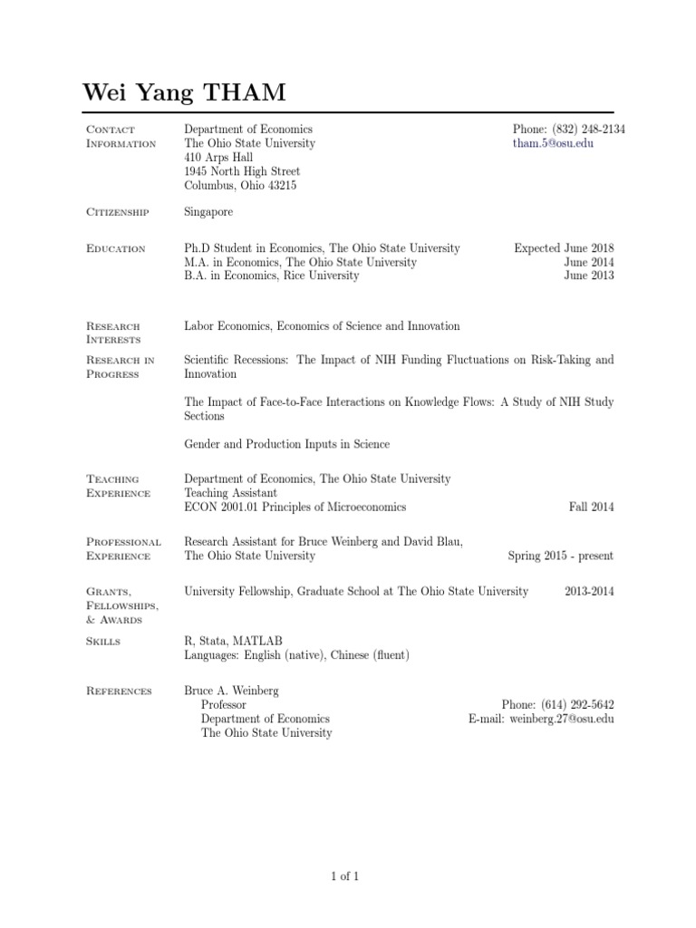 Wei Yang Tham - Economics PhD Profile | PDF | Social Science