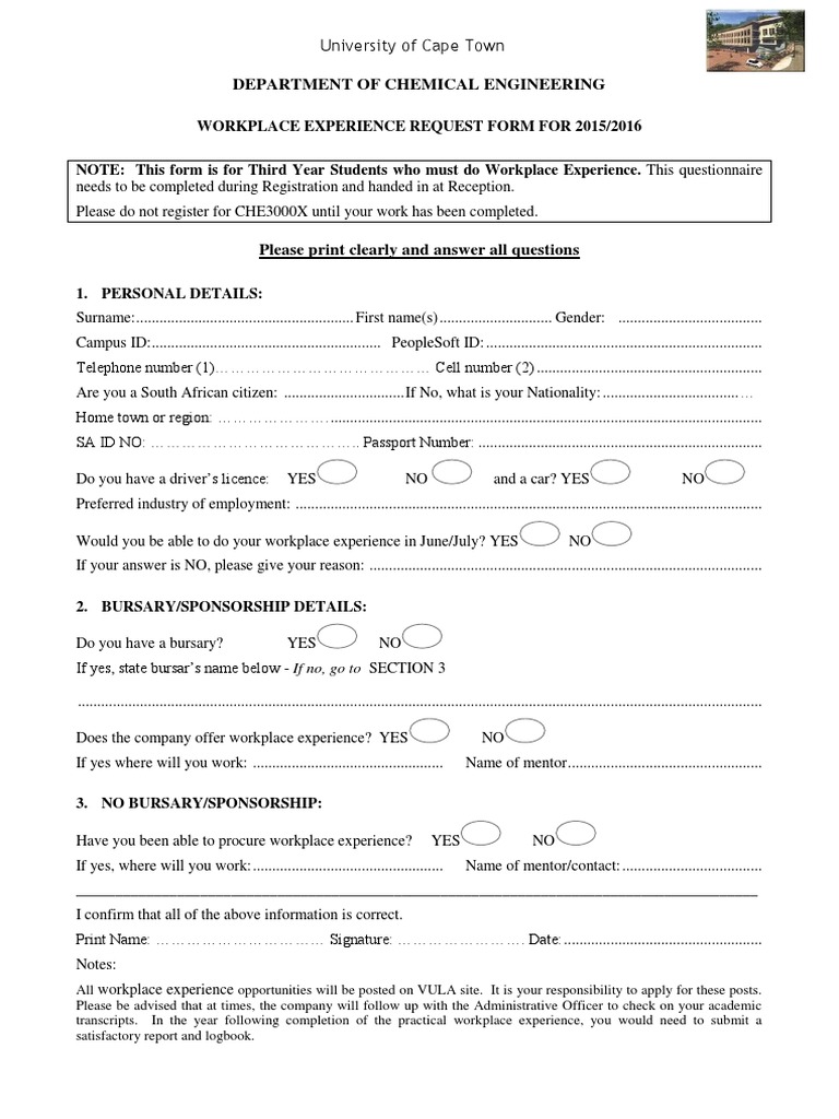 UCT Chem Eng Workplace Form 2015/16 | PDF | Government And Personhood ...