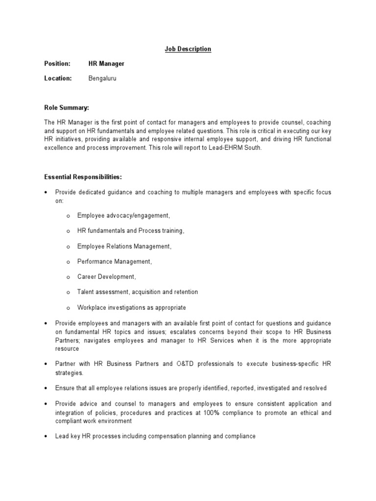 JD- HR Manager | Recruitment | Employment