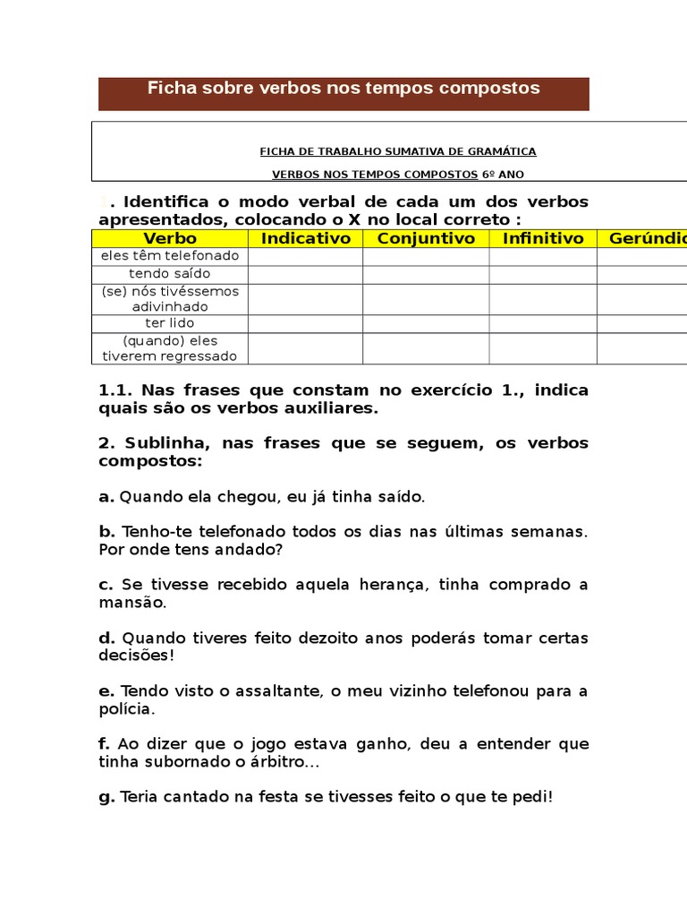Ficha Sobre Verbos Nos Tempos Compostos | PDF | Tempo gramatical ...