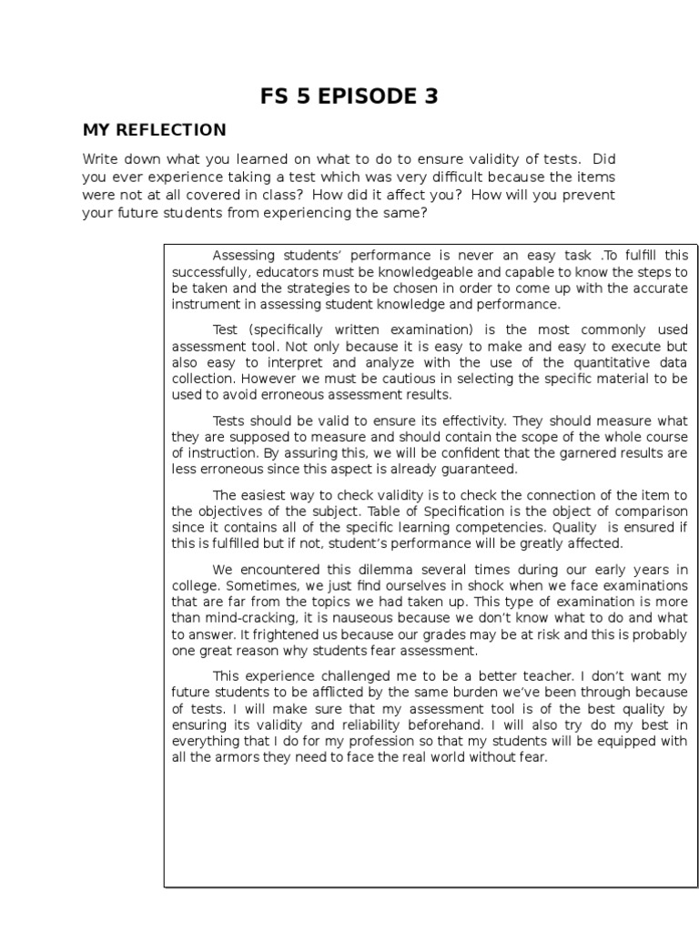 Reflections For Episodes 3 and 4 | PDF | Educational Assessment | Validity (Statistics)