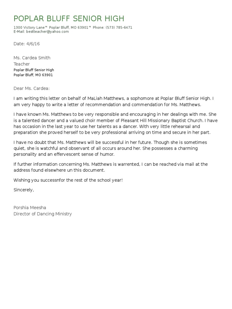 Recommendation Letter for MaLiah Matthews | PDF | Sports & Recreation