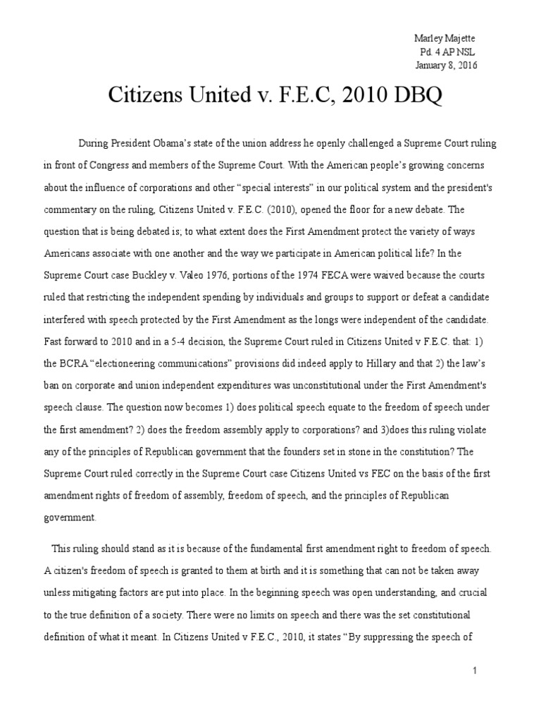 Citizens United v. F.E.C. Essay | PDF | Citizens United V. Fec | First ...