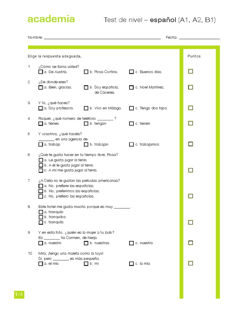 Test de Nivel Espanol Spanisch A1 - B1 PDF | PDF | Ocio