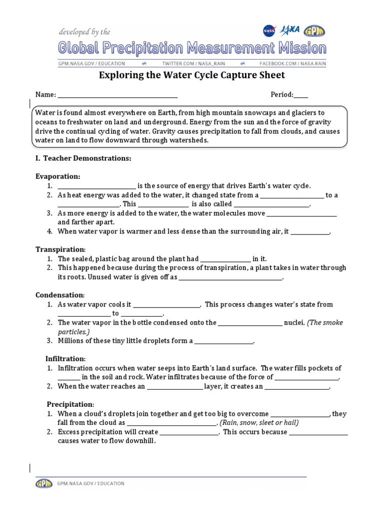 Water Cycle Exploration Worksheet | PDF | Evaporation | Precipitation