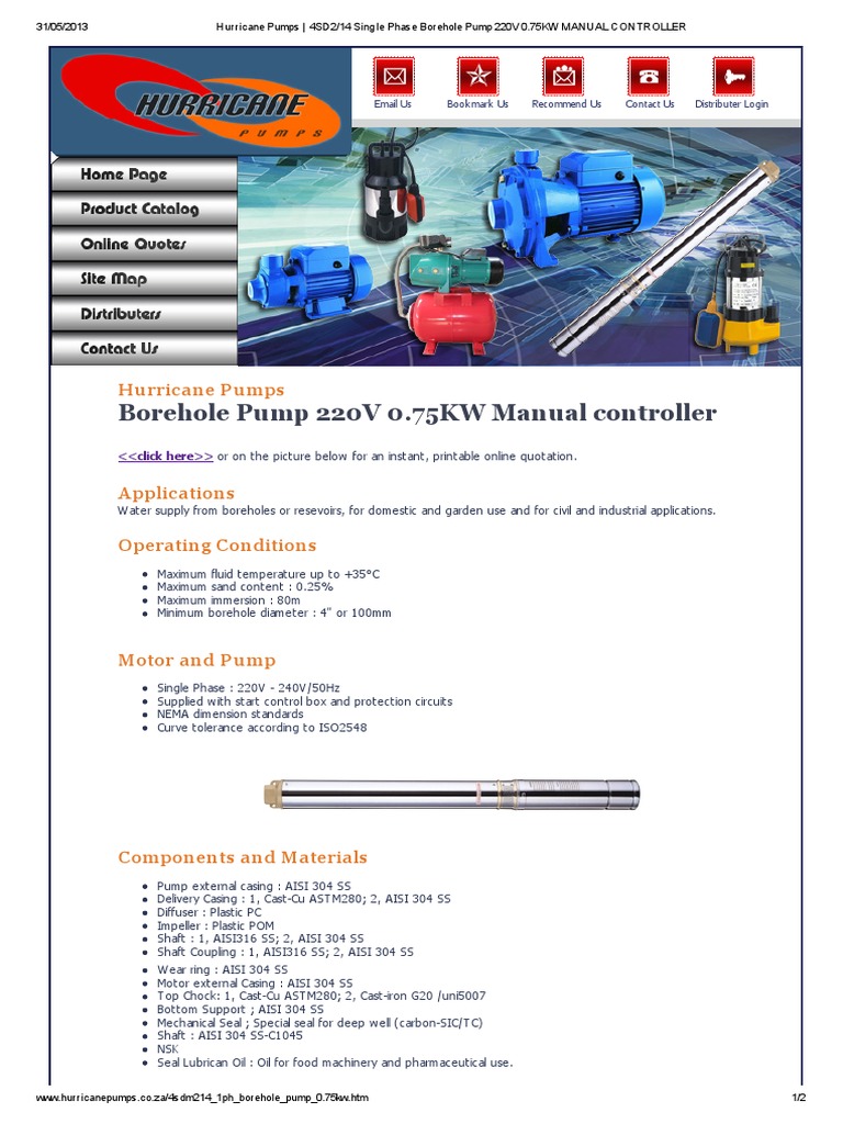 Hurricane 0.75KW Borehole Pump Specs | PDF | Pump | Mechanical Engineering