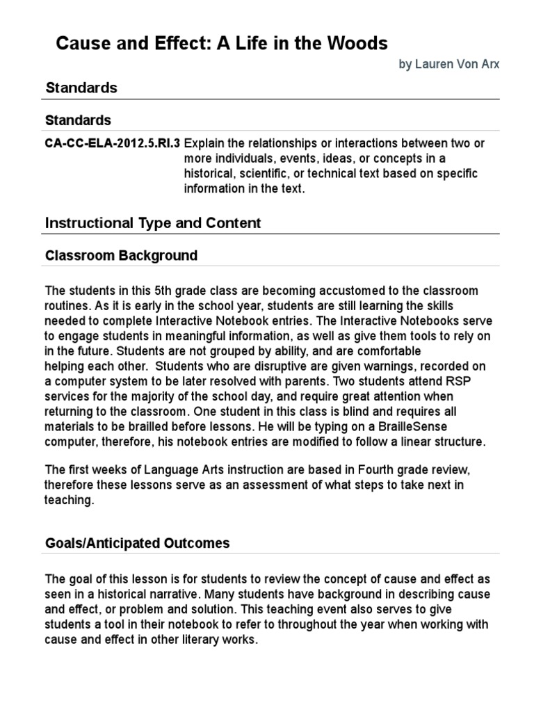 Cause and Effect in "A Life in the Woods" | PDF | Classroom | Causality