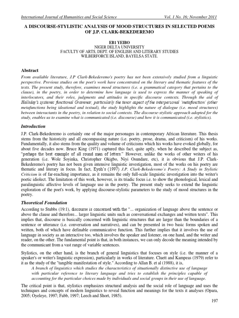 A Discourse-Stylistic Analysis of Mood Structures in Selected Poems of ...