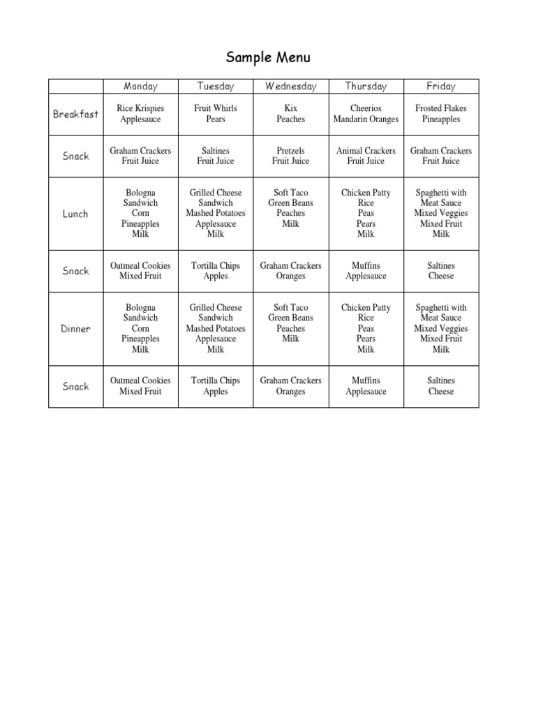 Sample Menu: Monday Tuesday Wednesday Thursday Friday Breakfast | PDF