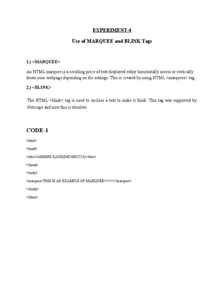 CODE-1: Experiment-4 Use of MARQUEE and BLINK Tags | PDF | Html Element ...
