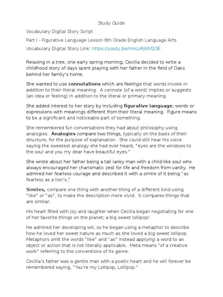 Study Guide Vocabulary Digital Story Script Part I - Figurative ...