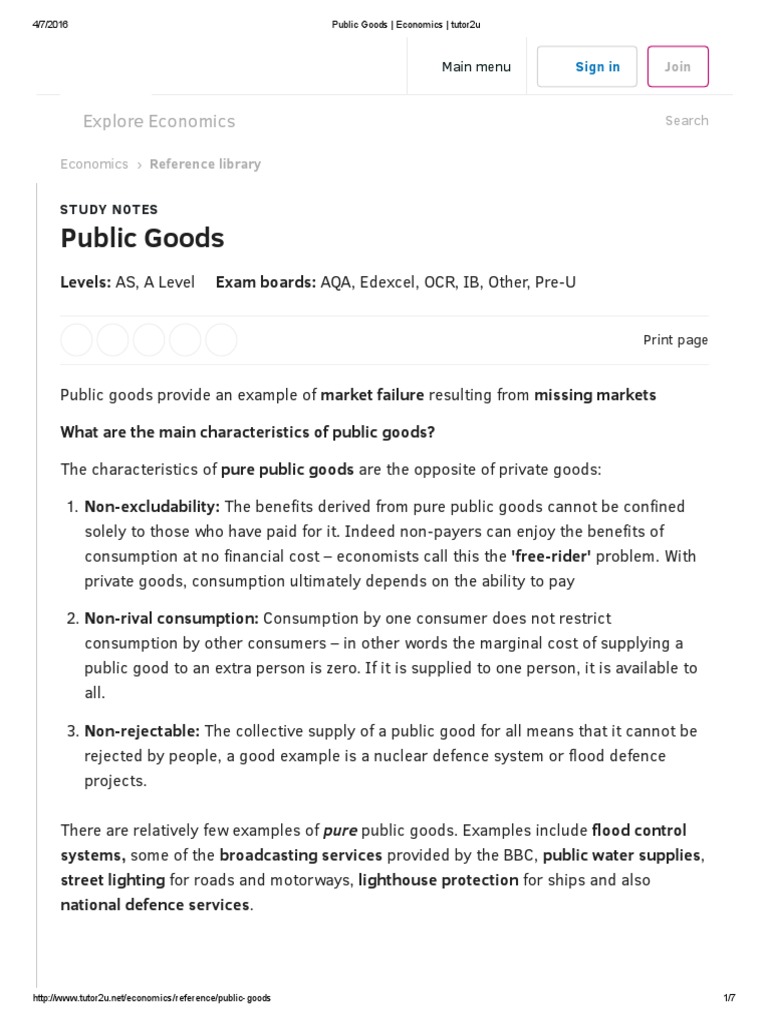 Public Goods - Economics - Tutor2u PDF | PDF | Public Good | Economics