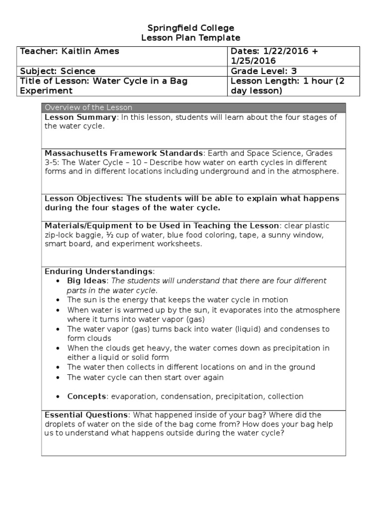 Water Cycle in a Bag Lesson Plan | PDF | Water Cycle | Lesson Plan