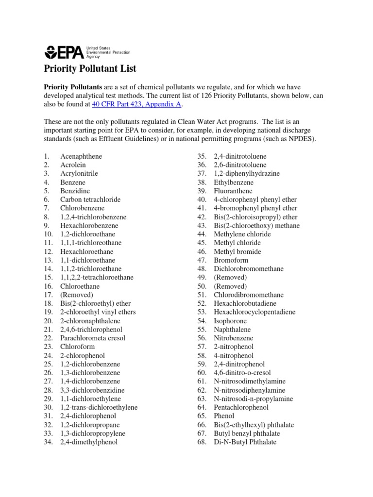 Priority Pollutant List Epa | PDF | Clean Water Act | Chemical Substances