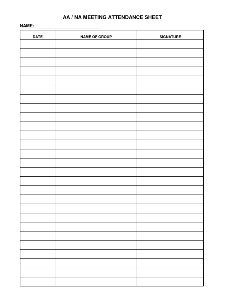 AA or NA Meeting Attendance Sheet | PDF