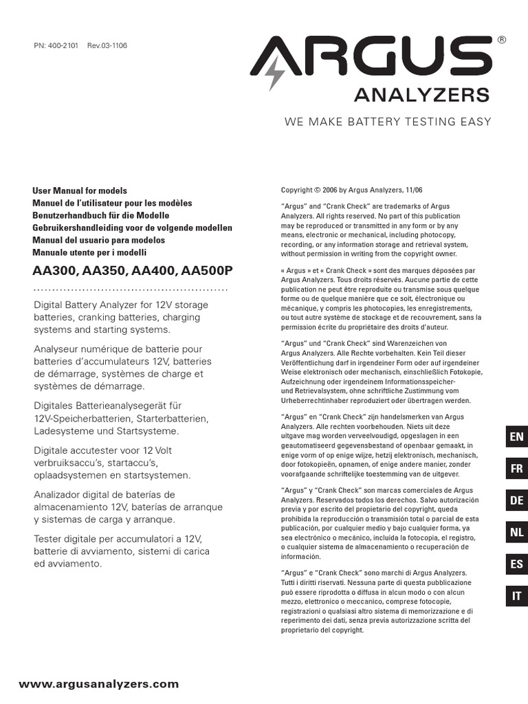 Argus - Tester Manual Aa500p | Download Free PDF | Battery (Electricity ...