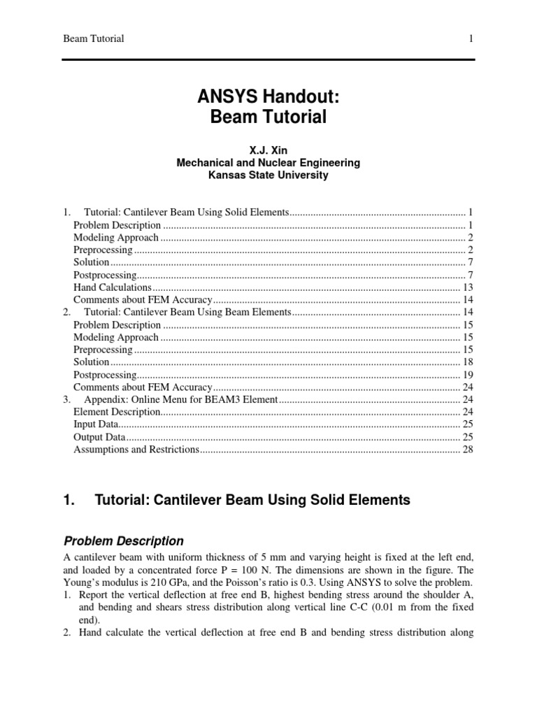 ANSYS Handout: Beam Tutorial | PDF | Bending | Stress (Mechanics)
