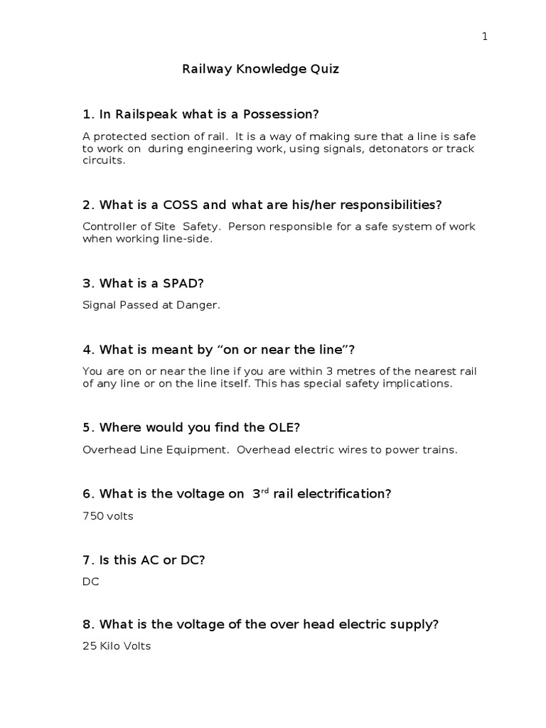 Railway Knowledge Quiz | PDF | Rail Infrastructure | Transportation ...