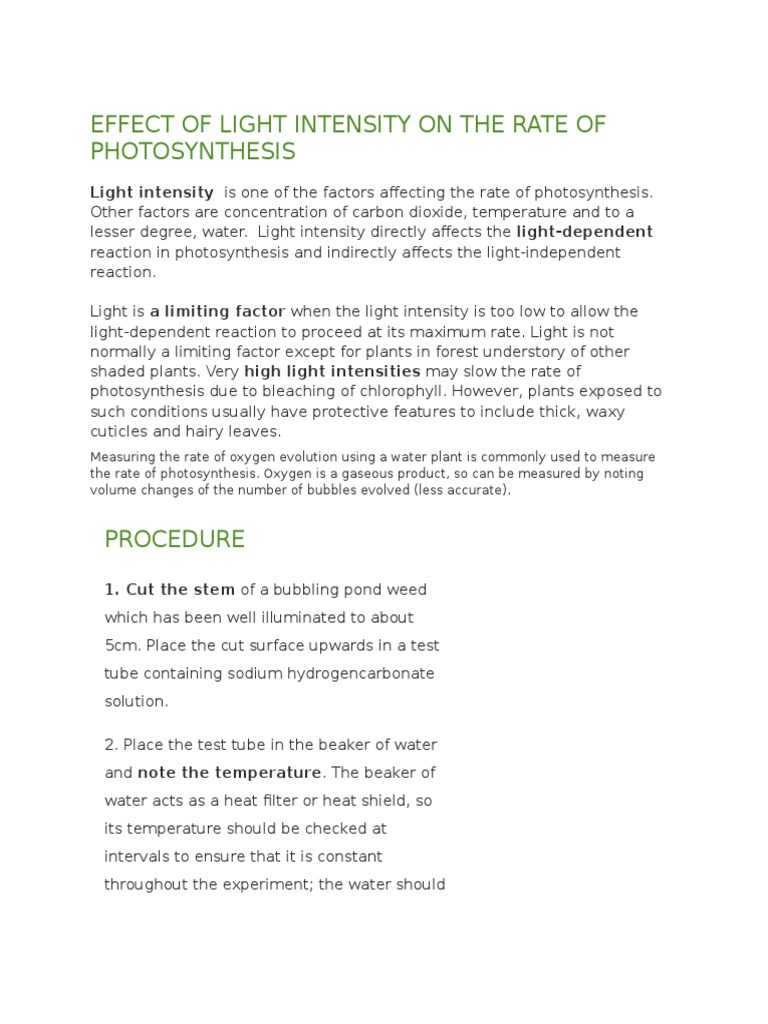 Effect of Light Intensity On The Rate of Photosynthesis | PDF ...